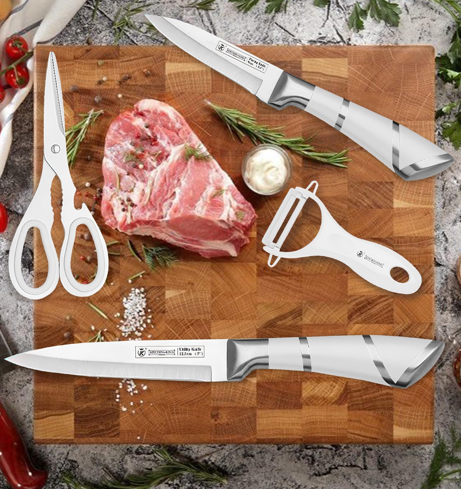 9Pcs White Kitchen Knife Set, DUFEIMOY Chef Knife Set Professional, Stainless Steel Knife Block Set with Scissors, Peeler and Knife Sharpener Rod for Cooking Meat Cutting