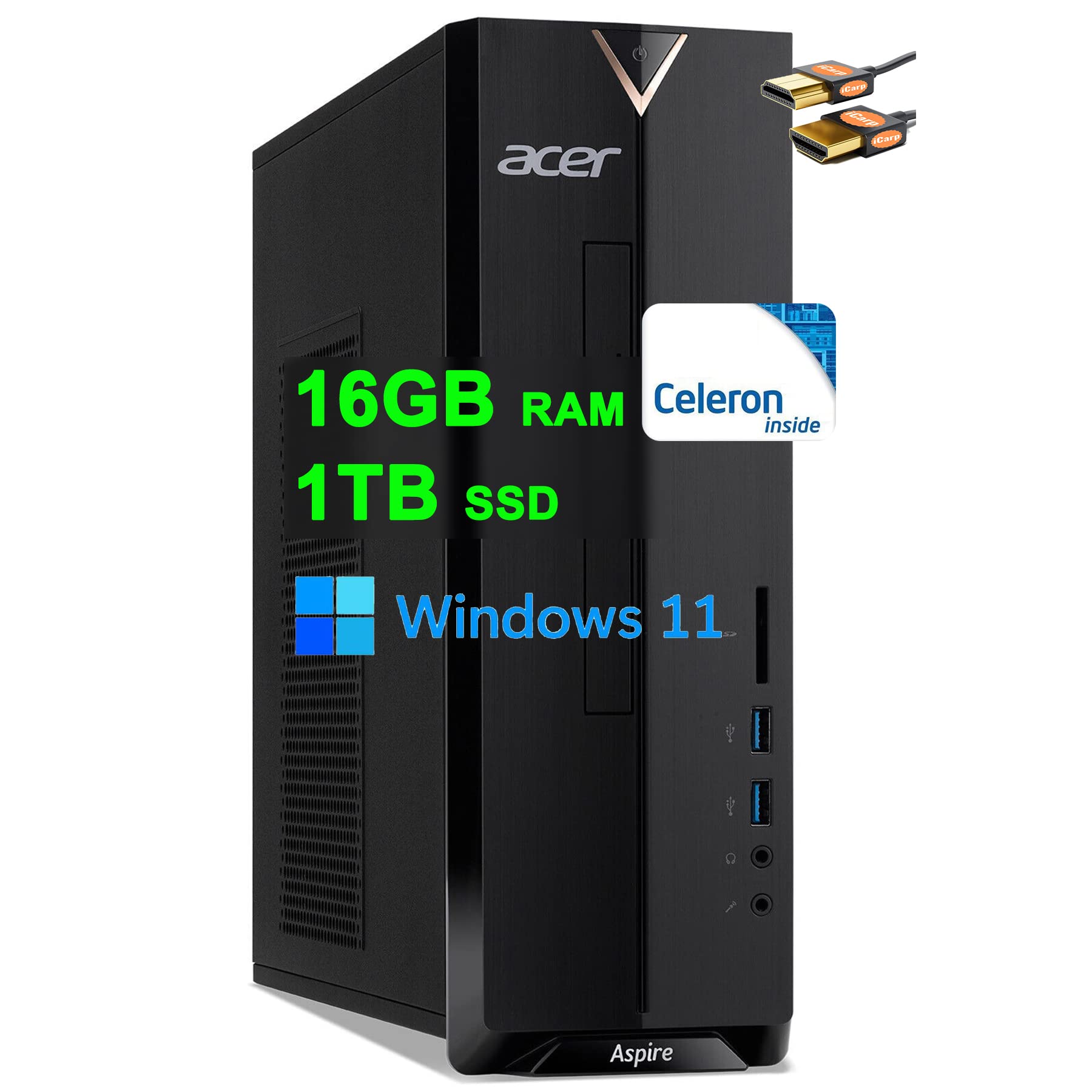 acer (Renewed) Aspire XC Business Desktop Computer Intel Quad-core Celeron J4125 Processor 16GB DDR4 1TB SSD Intel UHD 600 Graphics Bluetooth DVD-RW VGA Win11 Black + HDMI Cable