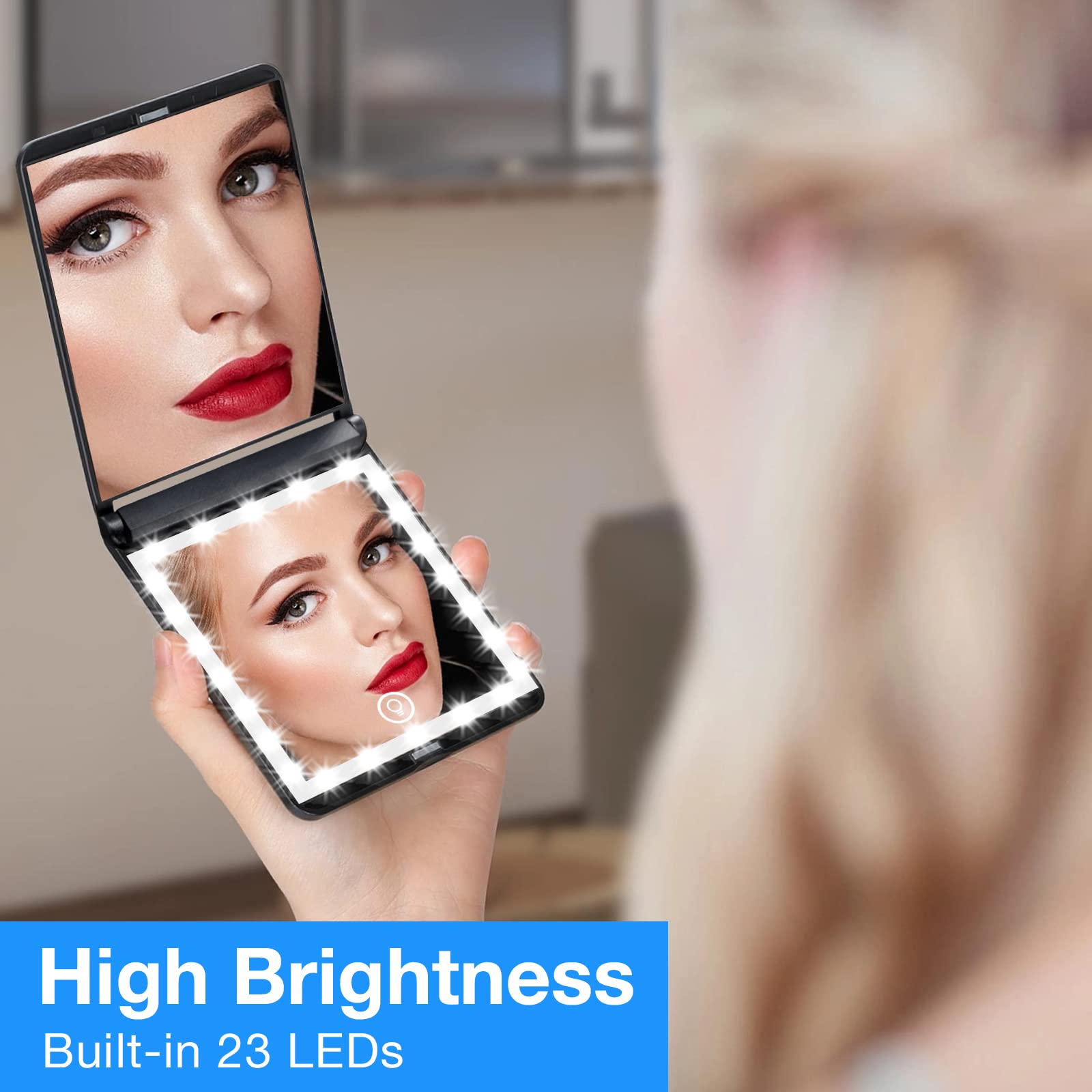wobsion 300 Flip Folding Travel Mirror, 1x/3x Magnifying with 23 LEDs, Touch Dimmable, Rechargeable, Magnetic Switch, Black