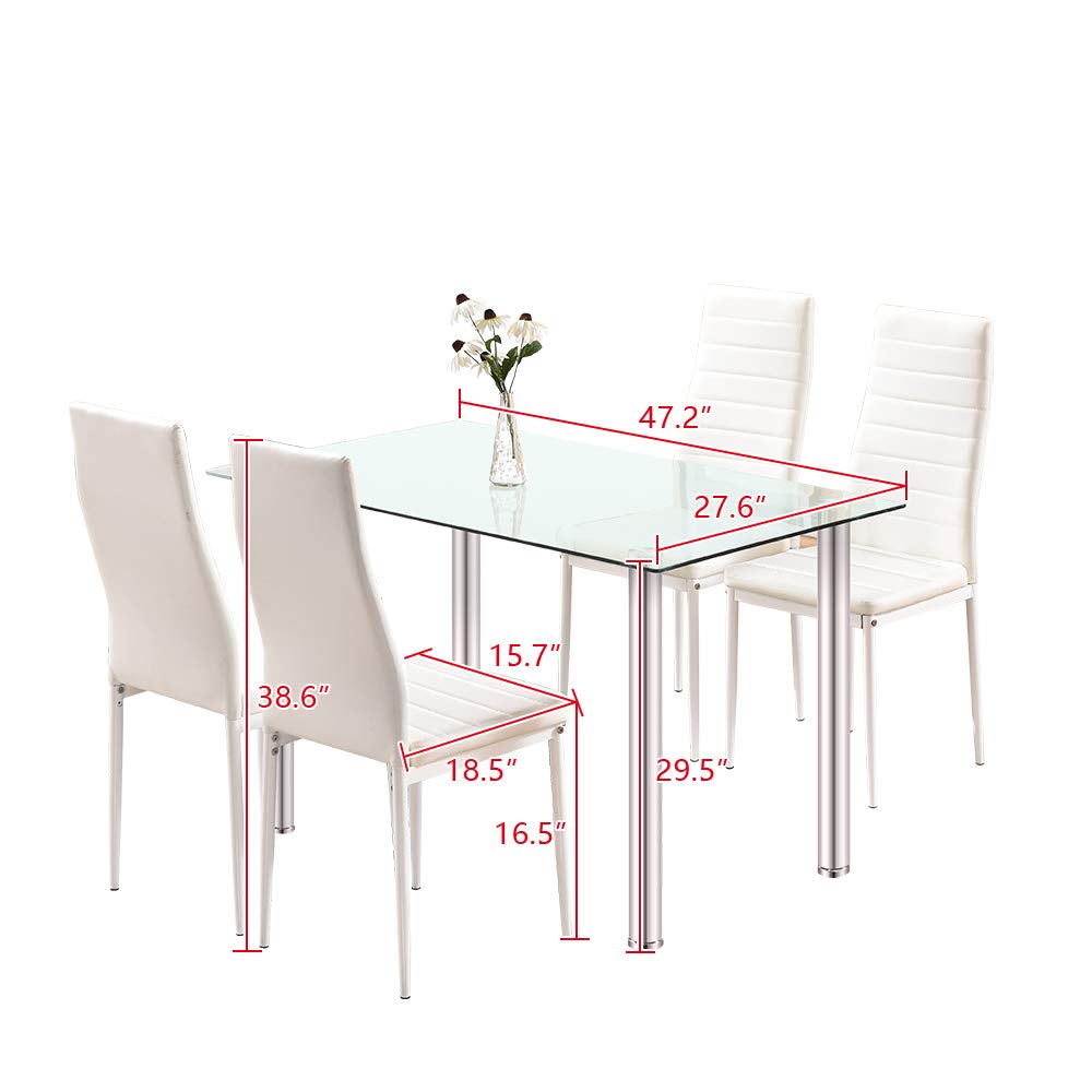 4HOMART 5 PCS Kitchen Table Set Modern Tempered Glass Top Table and PU Leather Chairs with 4 Chairs Dining Room Furniture White