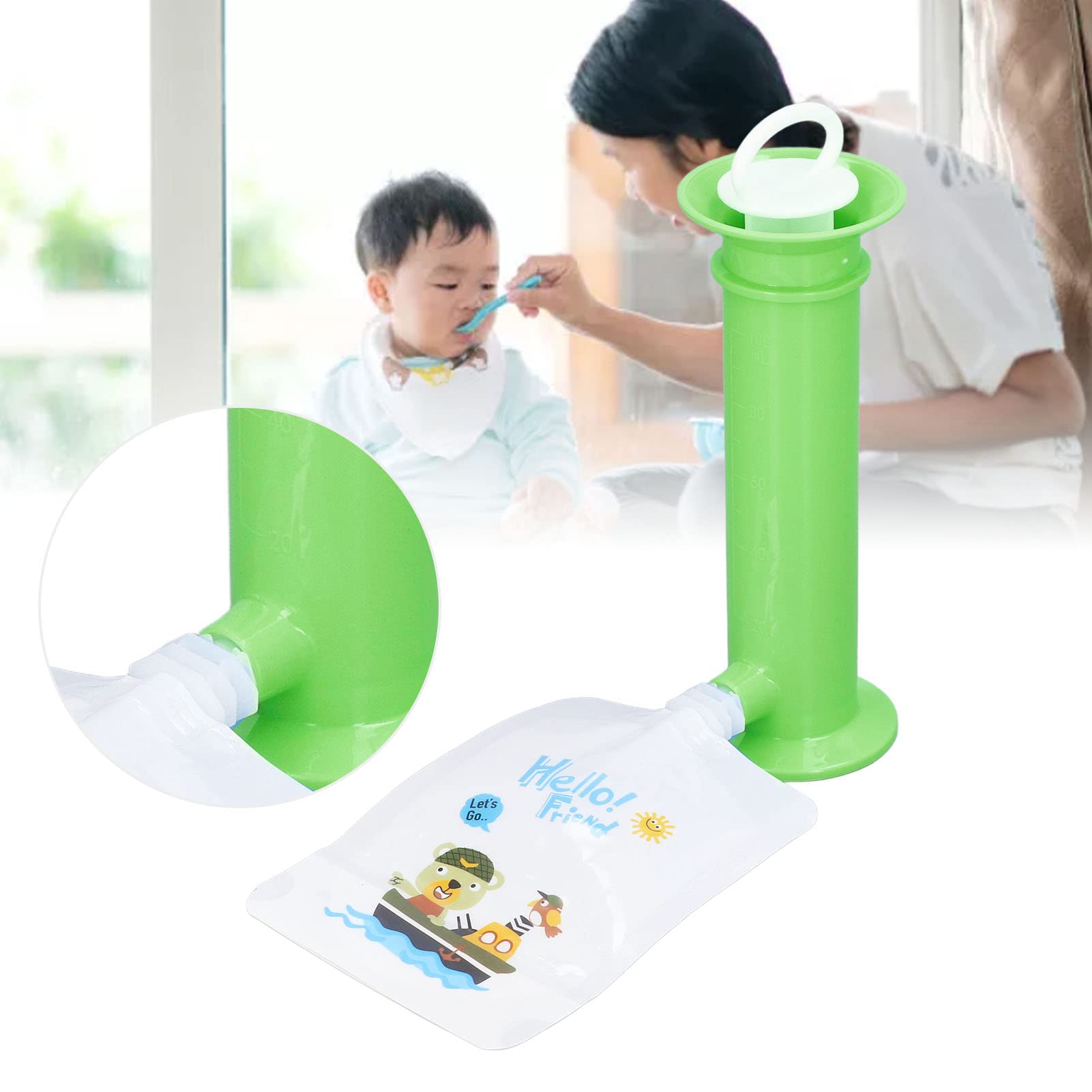 7pcs Set Baby Food Pouch Maker Reusable Pure Color Pouches Toddler Fruit Squeeze Puree Filler for Kids (Green)