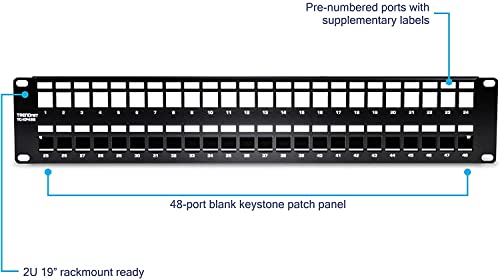 TRENDnet 48-Port Blank Keystone Shielded 2U HD Patch Panel, TC-KP48S, 2U 19” Metal Rackmount Housing, Network Management Panel, Recommended with TC-K06C6A Cat6A Keystone Jacks (Sold Separately)
