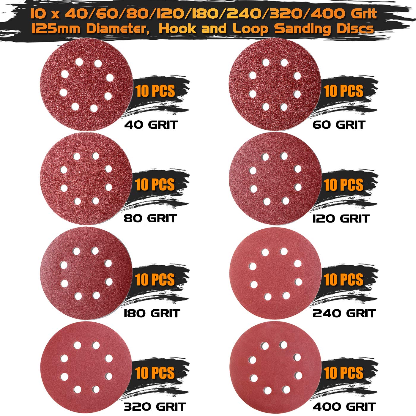 80pcs 5 inch Sanding Discs Hook and Loop, 8 Hole Orbital Sander Sandpaper, 10 x 40/60/80/120/180/240/320/400 Grit Orbital Sander Pads, Round Sandpaper Discs by Taspire