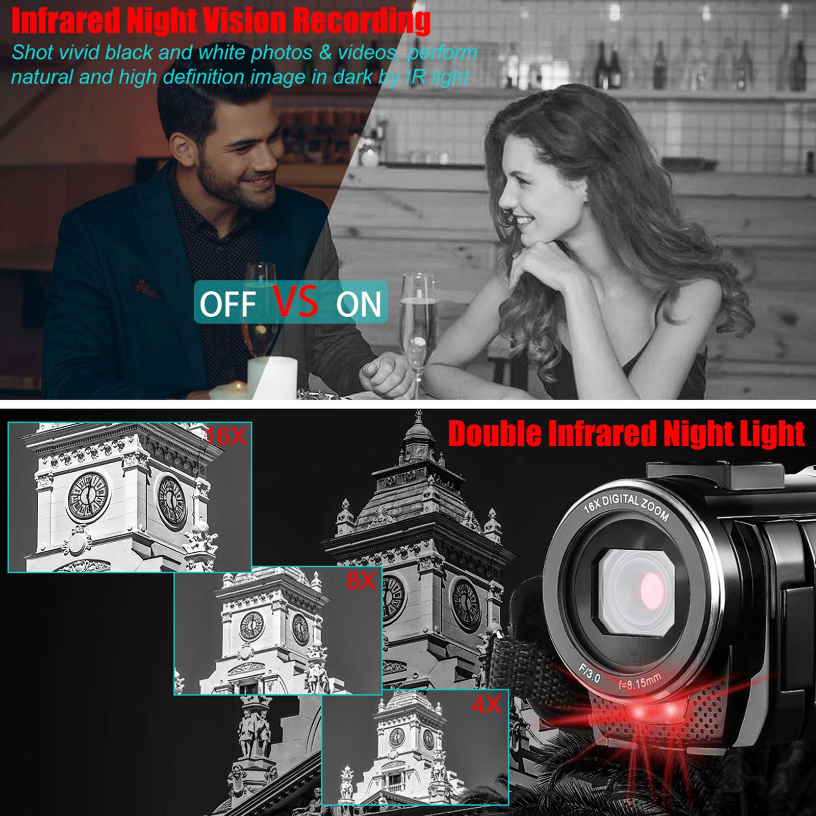 4K Camcorder Video Camera Rosdeca Ultra HD 48.0MP WiFi Digital Camera IR Night Vision 3.0" IPS Touch Screen 16X Digital Zoom with External Microphone, Wide Angle Lens, 2 Batteries and Memory Card