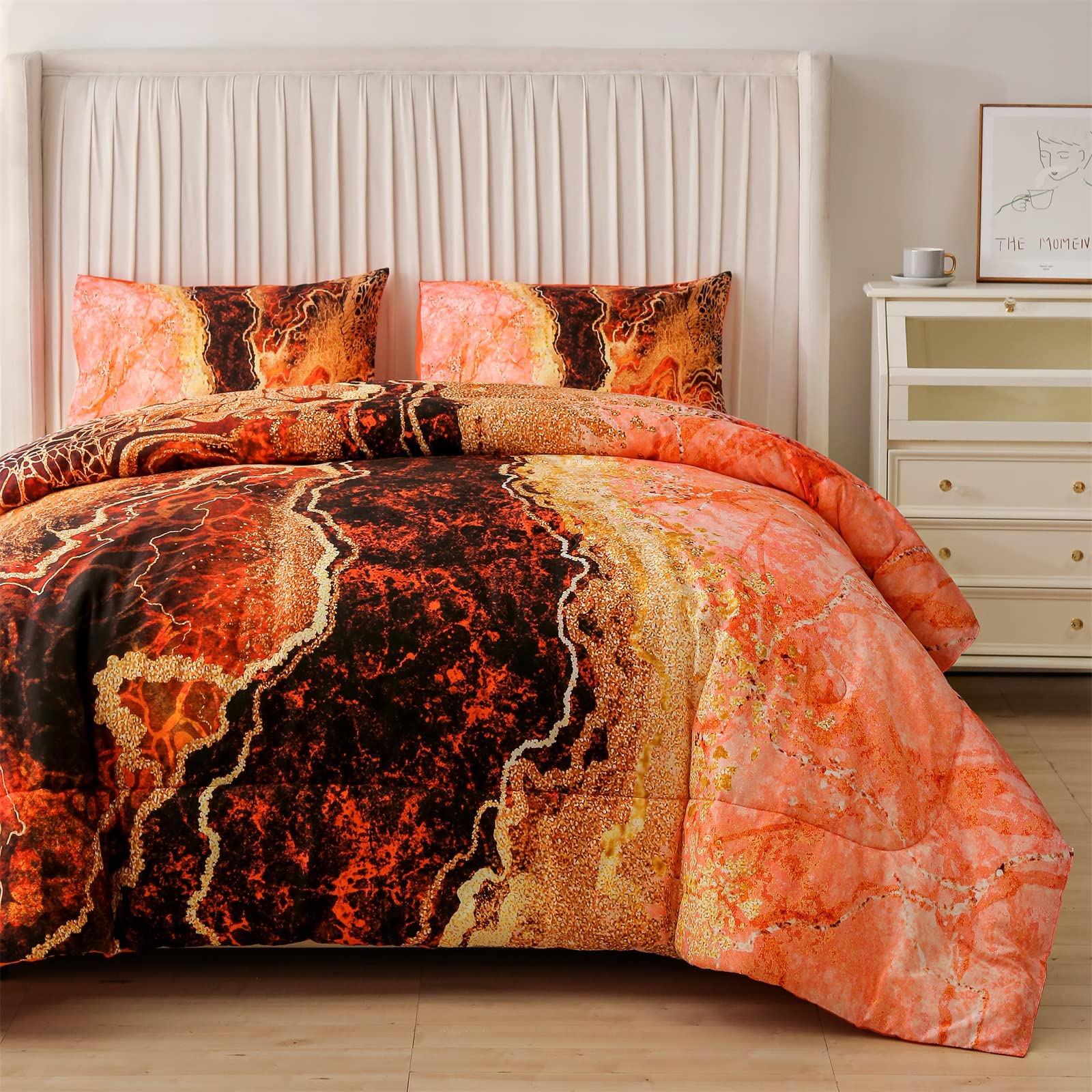 A Nice Night Marble Like Burning Mountain Printed Bedding Set,Retro Style Watercolor Artwork Design,Ultra Soft Comforter Set (Orange,Full(78-by-90-inches))