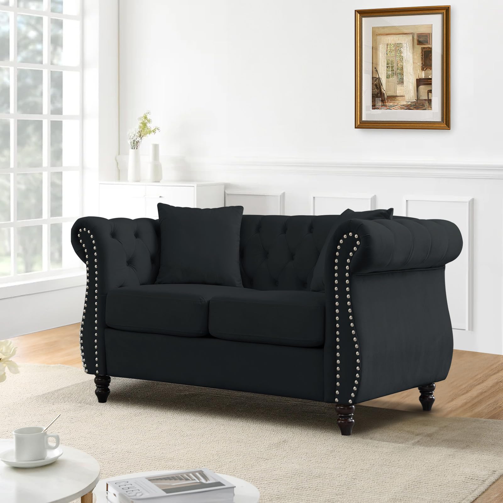 JEEOHEY Chesterfield Sofa Couch,80" Button Tufted Velvet Couch with Rolled Arms&Nailhead Trim,Comfy 3 Seater Sofa,Oversize Mid Century Modern Couch for Living Room,Bedroom,Apartment,Office(Beige)