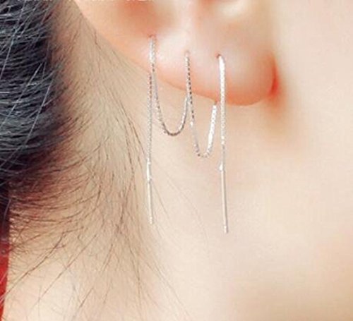 A Pair 925 Sterling Silver Tassel Threader Drop Earrings Long Chain Ear Line (silvery)