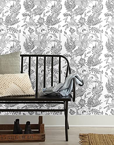 Blooming Wall Black White Elegant Modern Lotus Lily Leaf Peel and Stick Wallpaper Self-Adhesive Prepasted Wallpaper Wall Mural Wall Decor (17.7βx118β, Black/White)