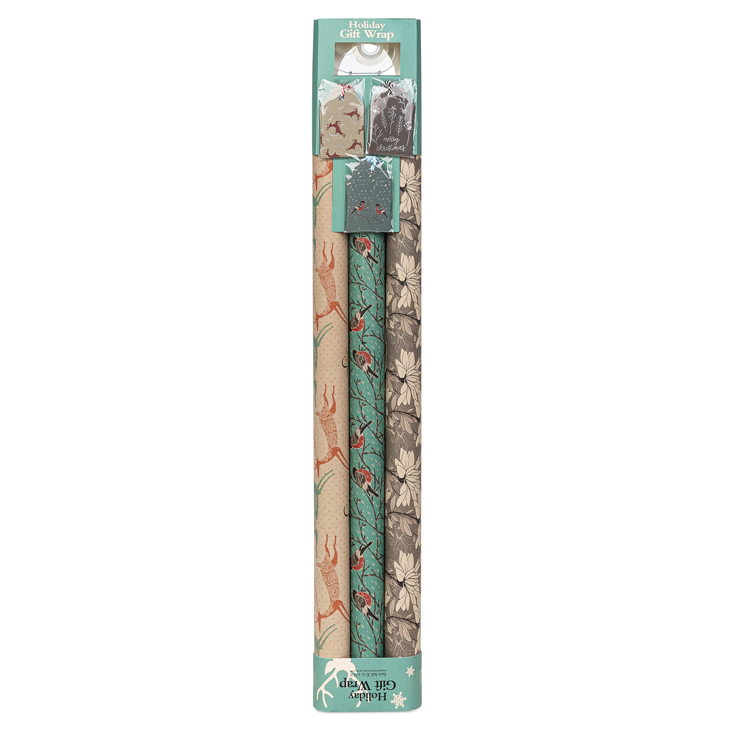 K-Kraft Elegant Christmas Wrapping Paper (Snow Birds-Deer-Ice Flowers/Printed Brown Kraft) 30" x15 Feet, 112.5 Square Feet Total with Tape and Tags