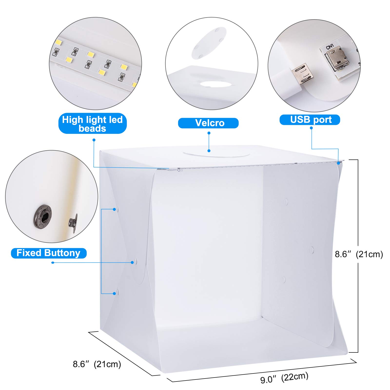 Mini Photo Studio Box, 9 x 9 Inches Shooting Tent Kit, Foldable Photography Booth With 2 x 20 LED Beads + 6 Colors Backdrops