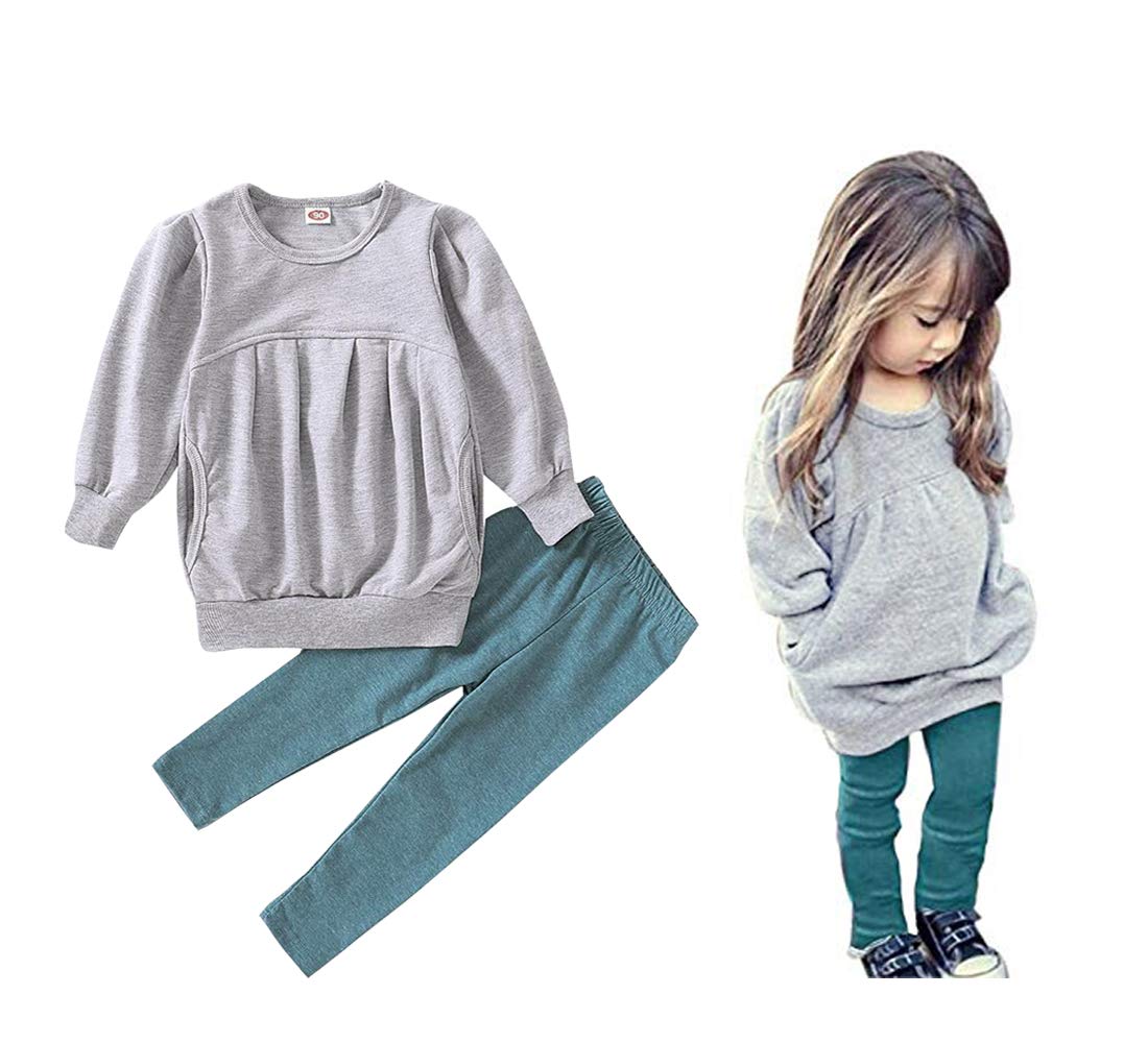 Ritatte Toddler Girls Clothes Winter Warm Long Sleeve Tops Long Pants Suit Kids Soft Cotton Fall Outfits 2Pcs Set(Gray,3-4T(110))