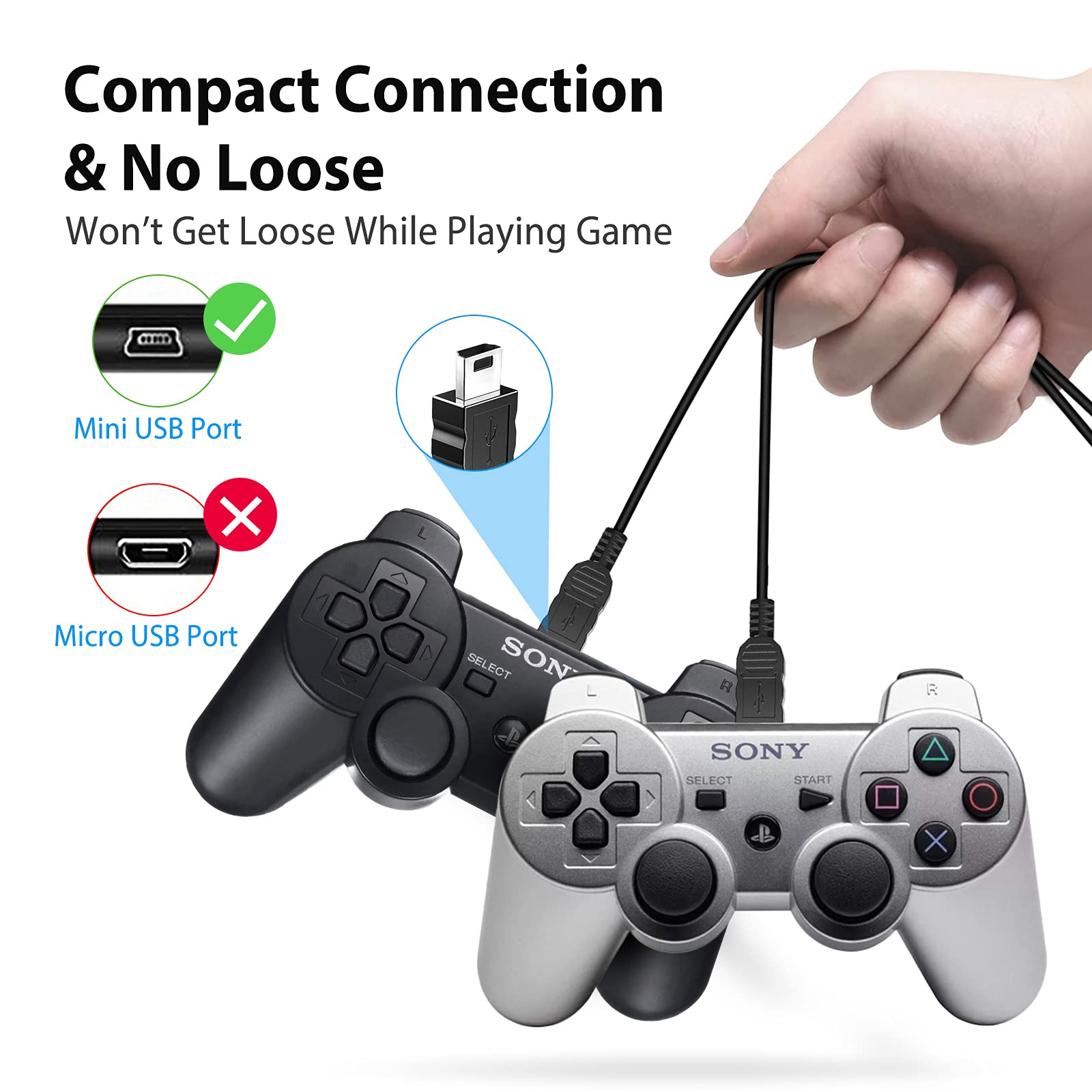 6amLifestyle [10FT 2 Pack] PS3 Controller Charger Charging Cable Extra Long Mini USB Fast Charger Cord Compatible with Sony Playstation 3 Wireless Controller Dualshock 3 PS3 Slim PS Move