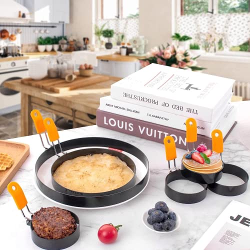 AIDULYY 6 Pcs Stainless Steel Egg Rings + 9 holes Multipurpose Stainless Steel Steamed Egg Rack Combo Set, Egg Mold For Breakfast, Mini Pancakes, and Fried Eggs (4 Inch, 6 Inch, 8 Inch)