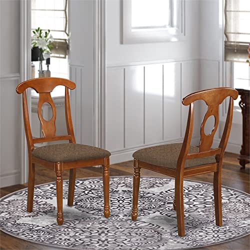 East West Furniture Napoleon Kitchen Dining Linen Fabric Upholstered Solid Wood Chairs, Set of 2, Saddle Brown