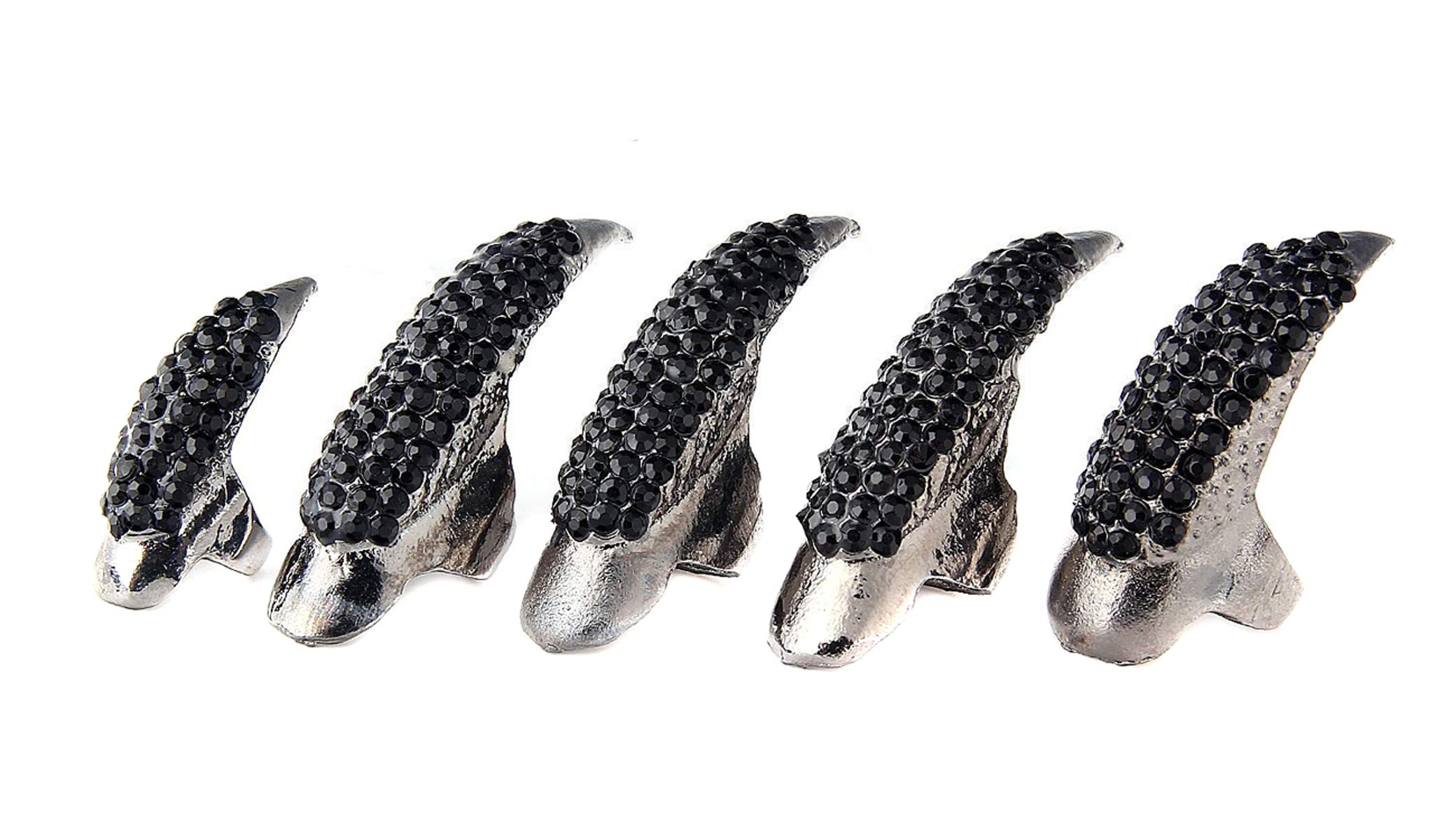 5PCS Clear Crystal Eagle Claw Paw Talon Finger Ring Fashion Jewelry Punk False Nail Knuckle Bend Finger Tip (Black)