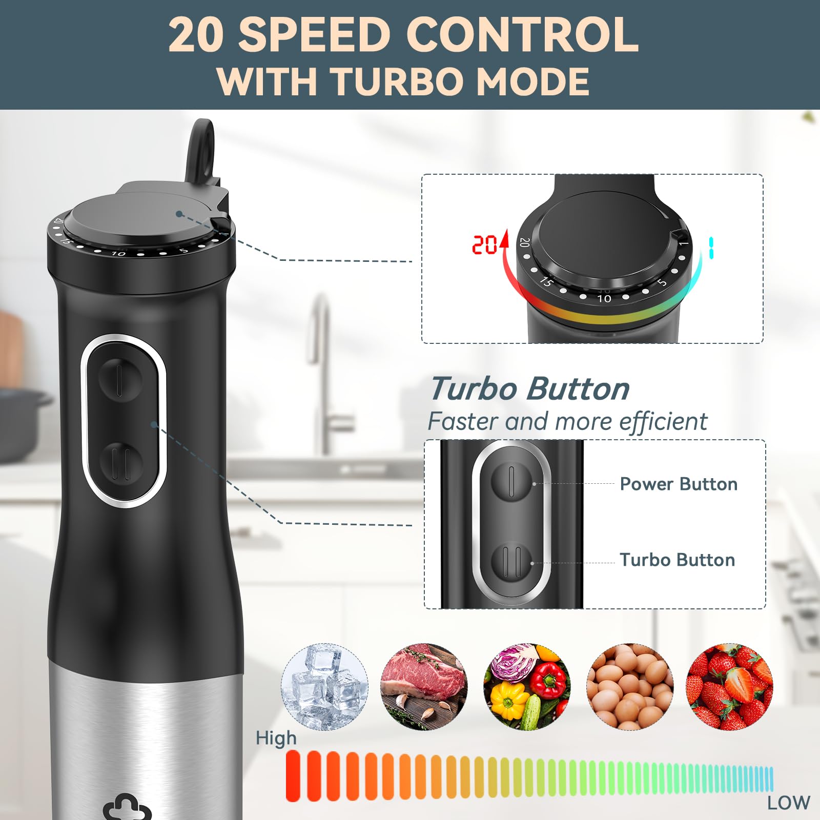 LINKChef 7 in 1 Immersion Blender Scratch Resistant, 2 Titanium Steel Blades 800W Hand Blender, 20 Speed and Turbo Mode Stick Blender Immersion with Whisk, Milk Frother, Food Processor, Beaker