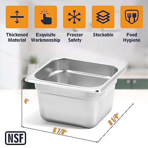 FUSON 4 Pack 1/6 Size 4 Inch Deep Anti Jam Steam Table Pan, NSF, Commercial 18/8 Stainless Steam Pan, Restaurant, Hotel