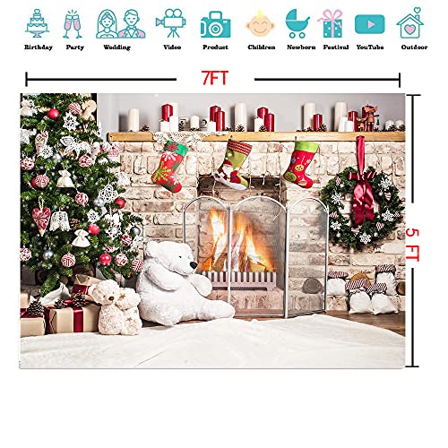 7x5ft Christmas Photography Backdrop Christmas Fireplace Backdrop White Brick Fireplace Bear Christmas Tree Backgrounds Children Photography Studio Prop