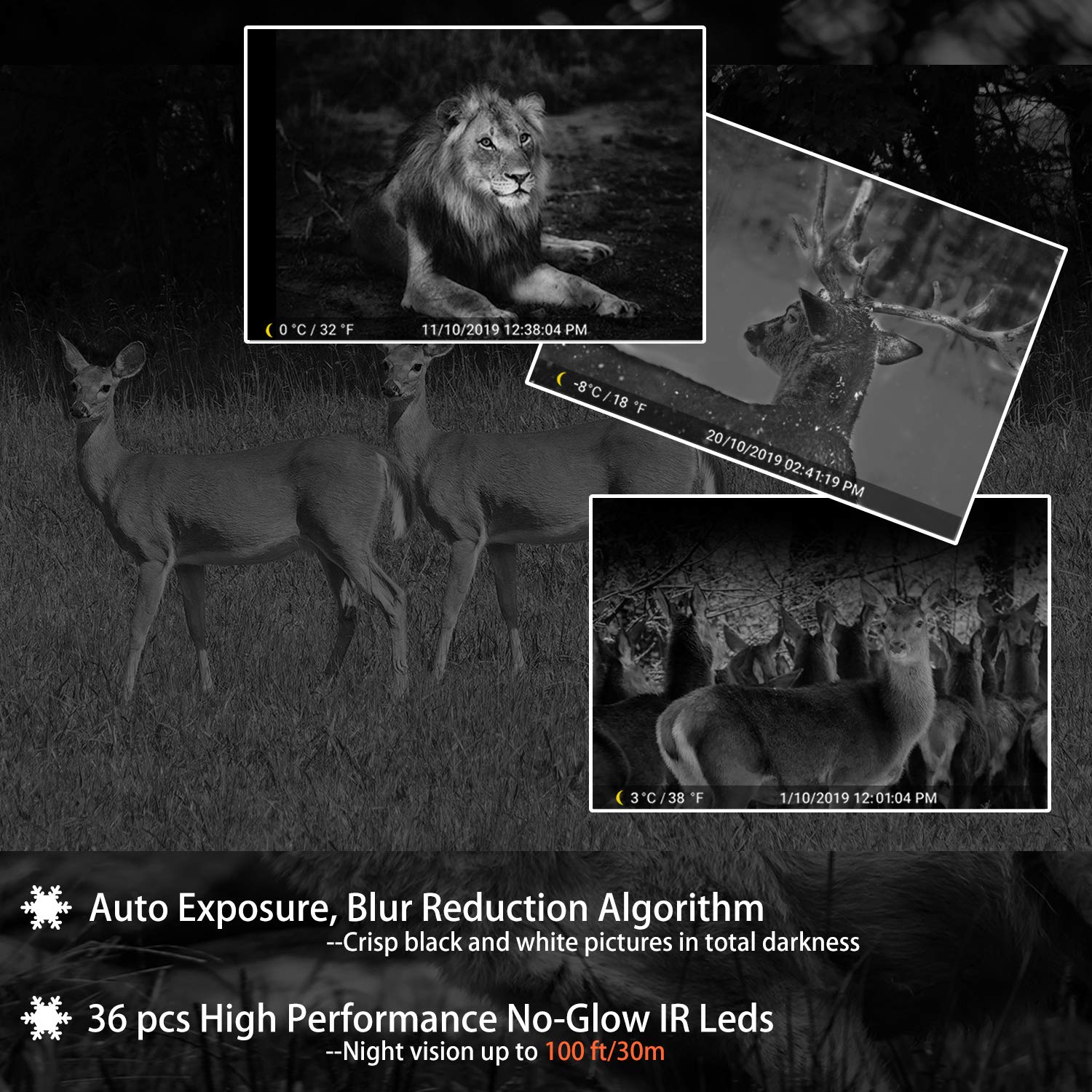 5-Pack Game & Trail Camera 32MP 1296P with 100ft Night Vision No Glow 0.1S Trigger Time Motion Activated IP66 Waterproof for Outdoor Wildlife Hunting & Home Security Surveillance