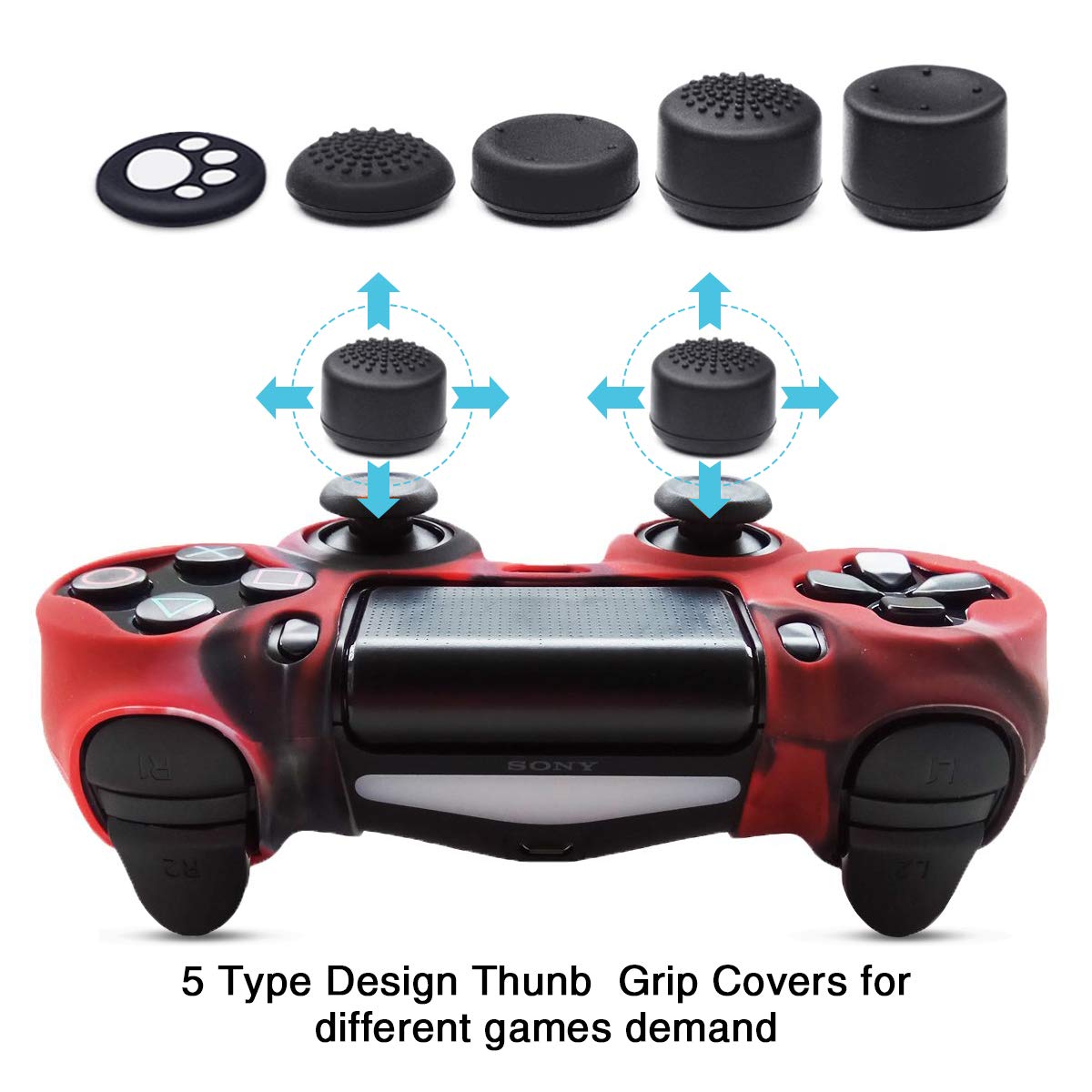 6amLifestyle PS4 Controller Skin (Red + Blue 2 Controller Skins + 10 Thumb Grips) Anti-Slip Silicone Cover Protector Case for DualShock 4 PS4 / PS4 Slim / PS4 Pro Controller