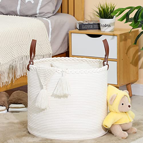 KAKAMAY Large Cotton Rope Blanket Basket (20"x13"),Woven Baby Laundry Hamper,Blanket Basket for Nursery, Laundry, Living Room, Pillows, Toys (White/Beige)
