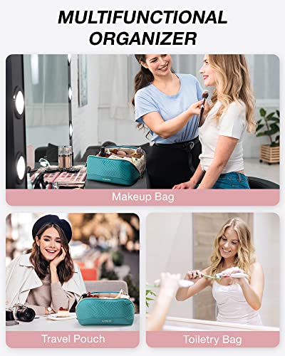 BAGSMART Makeup Bag Cosmetic Bag, Travel Makeup Bag,Water-resistent Makeup Bags for Women Portable Pouch Open Flat Make Up Organizer Bag for Toiletries, Brushes, Teal