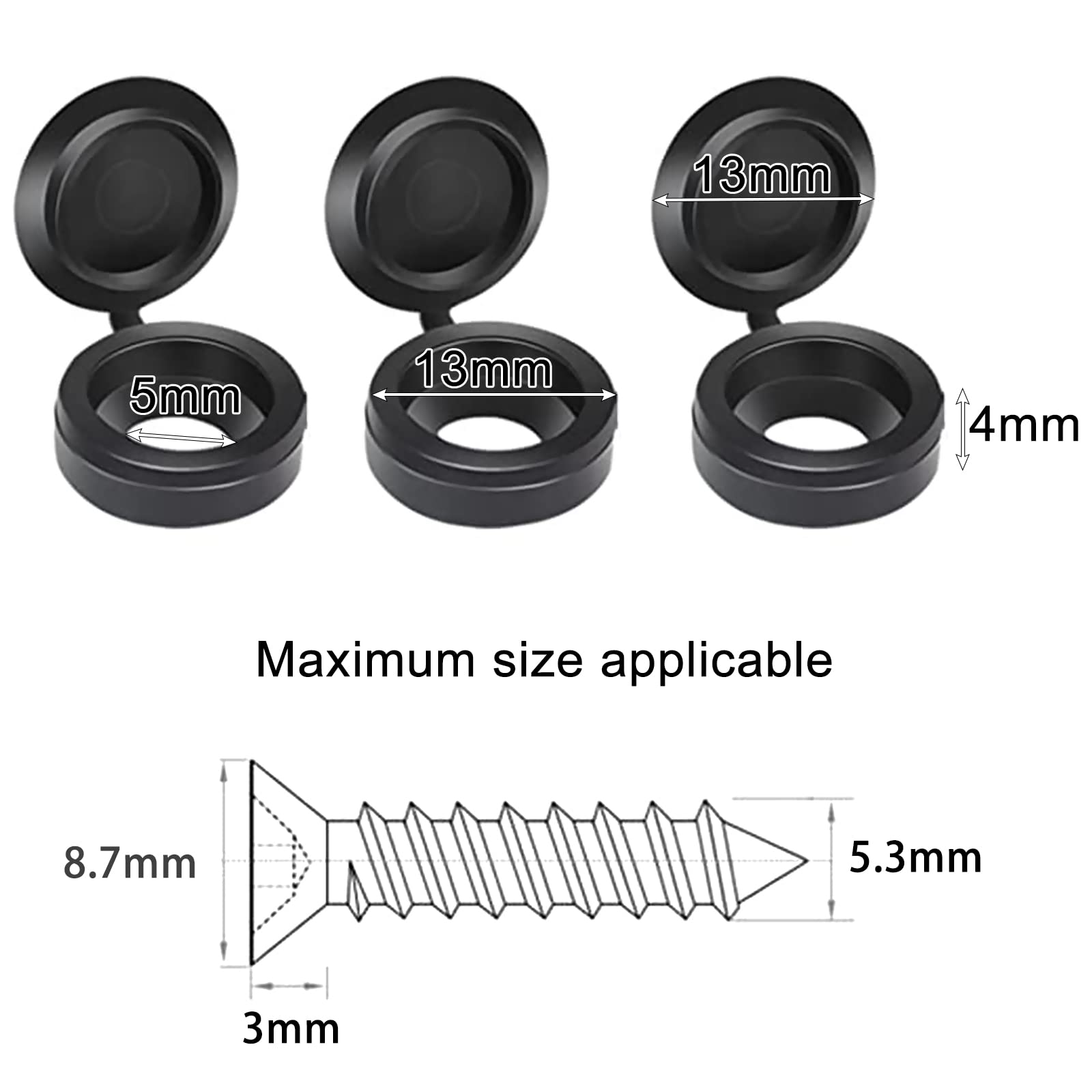 AccEncyc 200Pcs Screw Cap Covers Hinged Screw Cover Caps Plastic Shutter Screw Caps Black Fold Screw Snap Covers for M4 M5 Screws (Medium)