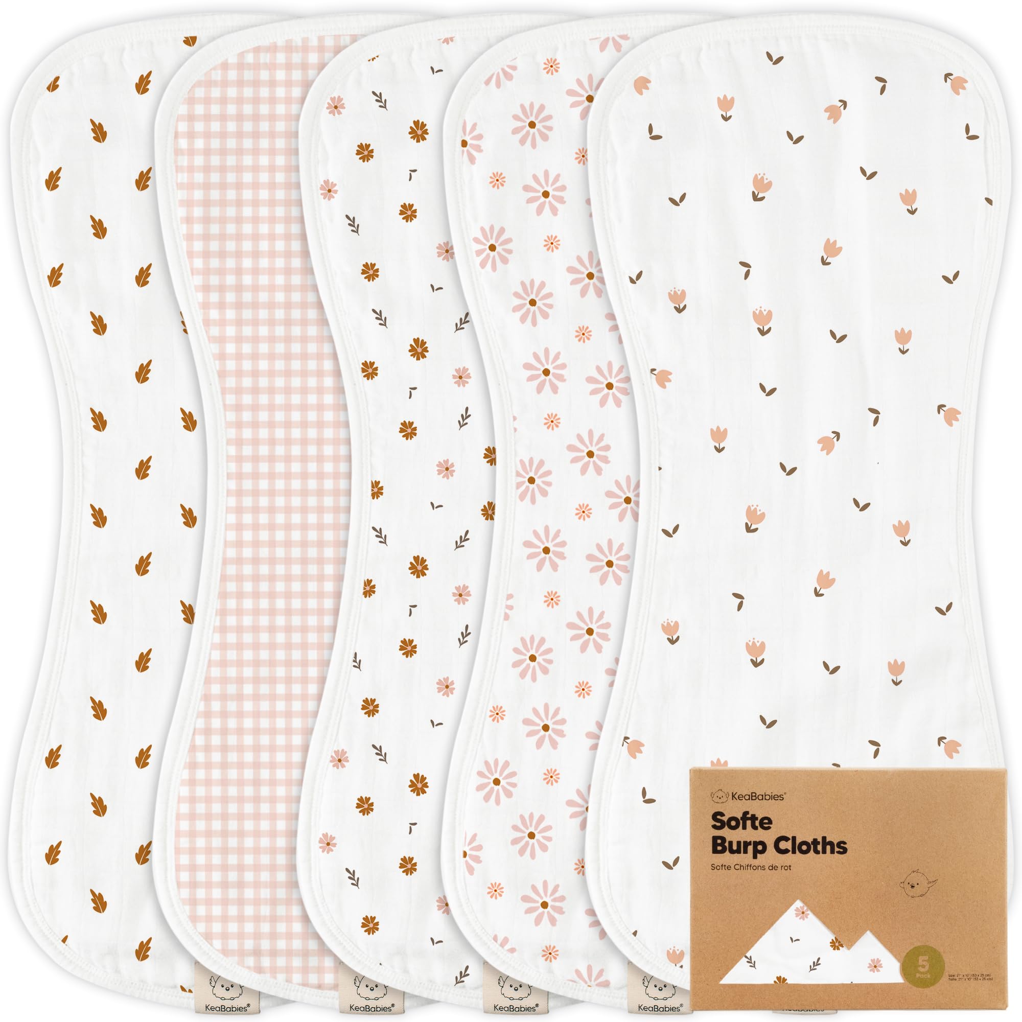 5-Pack Muslin Burp Cloths for Baby Boys and Girls - Super Absorbent Baby Burp Cloth, Viscose Derived from Bamboo Cotton Baby Washcloths, Burp Rags, Large Neutral Burp Clothes for Newborn (Petals)