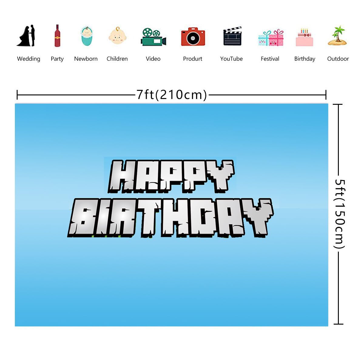 7x5ft Polyester Pixel Happy Birthday Backdrop Game Party Supplies Mining Dirt Block Banner for Kids Boys Room Decor Photograph Props…