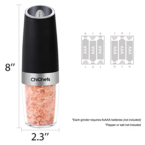 Electric Gravity Salt and Pepper Mill Set, Automatic Salt and Pepper Mill Grinder, Battery Operated with White LED Light, Adjustable Coarseness, One Handed Operation, Matte Black by ChiChefs