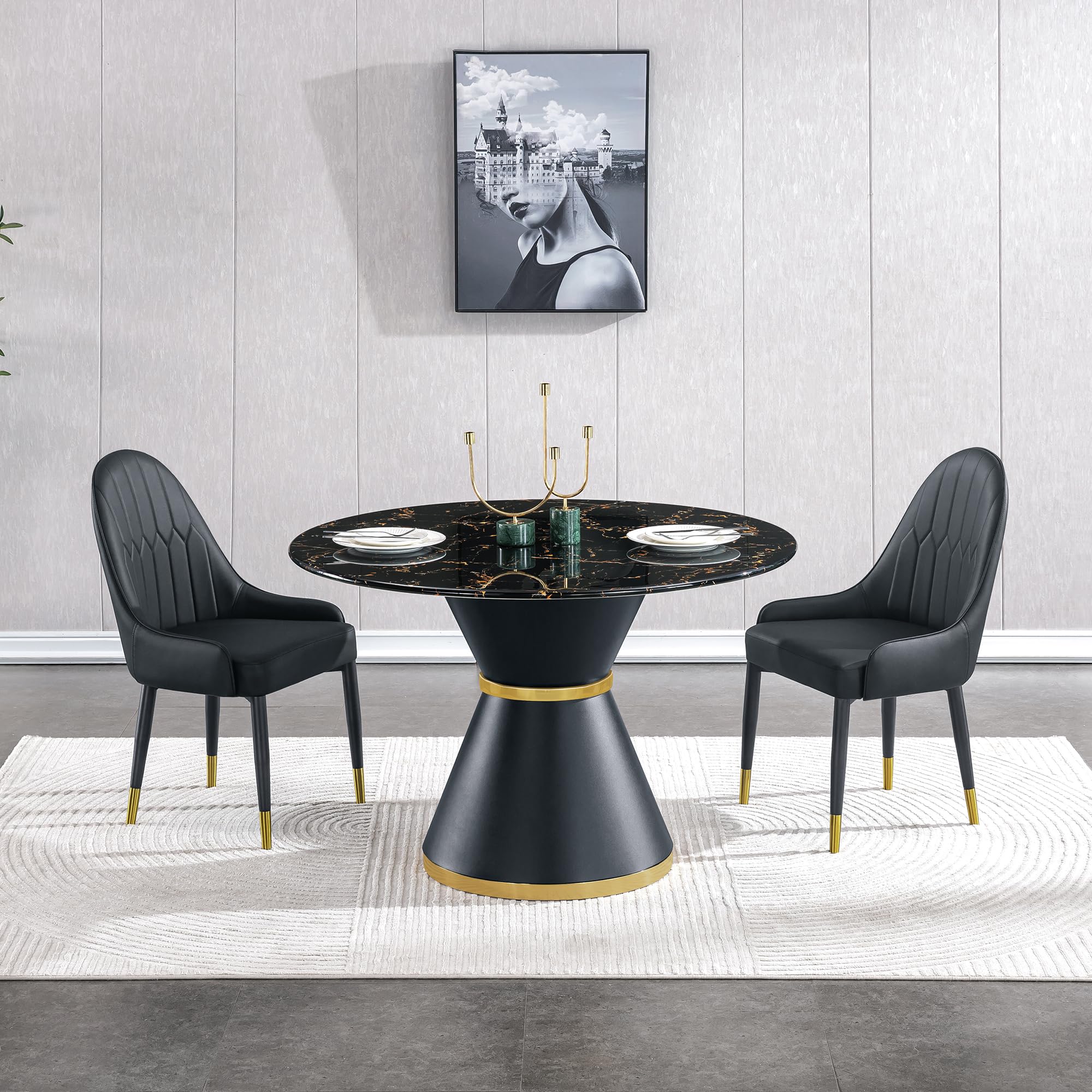 5-Piece Dining Table Set, Compact Modern Table & Chair Set for Home, Apartment w/ 4 PU Learther Dining Chairs, 47'' Round Dining Table with Faux Marble Tabletop (Black Table+4 Black Chairs)