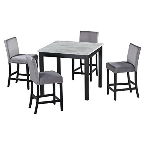 Bellemave 5-Piece Counter Height Dining Table Set Kitchen Table Set with 1 Faux Marble Dining Table and 4 Upholstered-Seat Chairs Square Dining Room Set of 4 for Kitchen, Dining Room (Grey)
