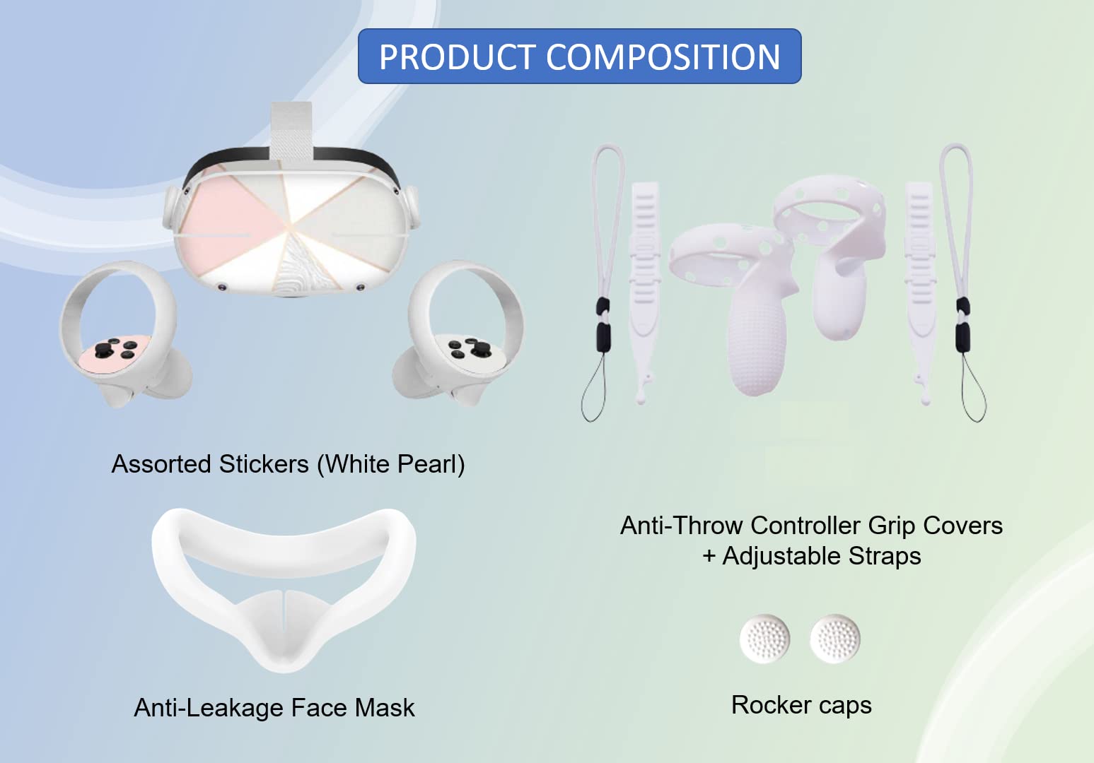 Clean VR Set 3-in-1 Compatible with Oculus Quest 2 Headset/Meta Accessories: Anti-Leakage Face Cover + Non-Slip Grip Covers + Stickers | Sweatproof Anti-Dirty Virtual Reality Decal Skin (Iron Black)