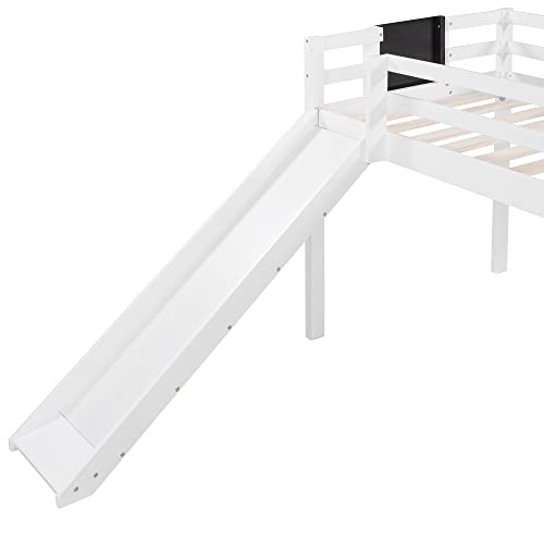 Bellemave Kids Loft Bed with Slide, Wood Loft Bed Boys Girls Twin Size, Low Loft Bed with Chalkboard(White)