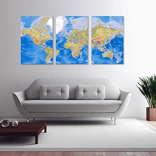 Blue World Map Wall Art Canvas Decor Poster for Office, Living Room, Home Bedroom Decoration 16"x24"x3 Pcs Framed