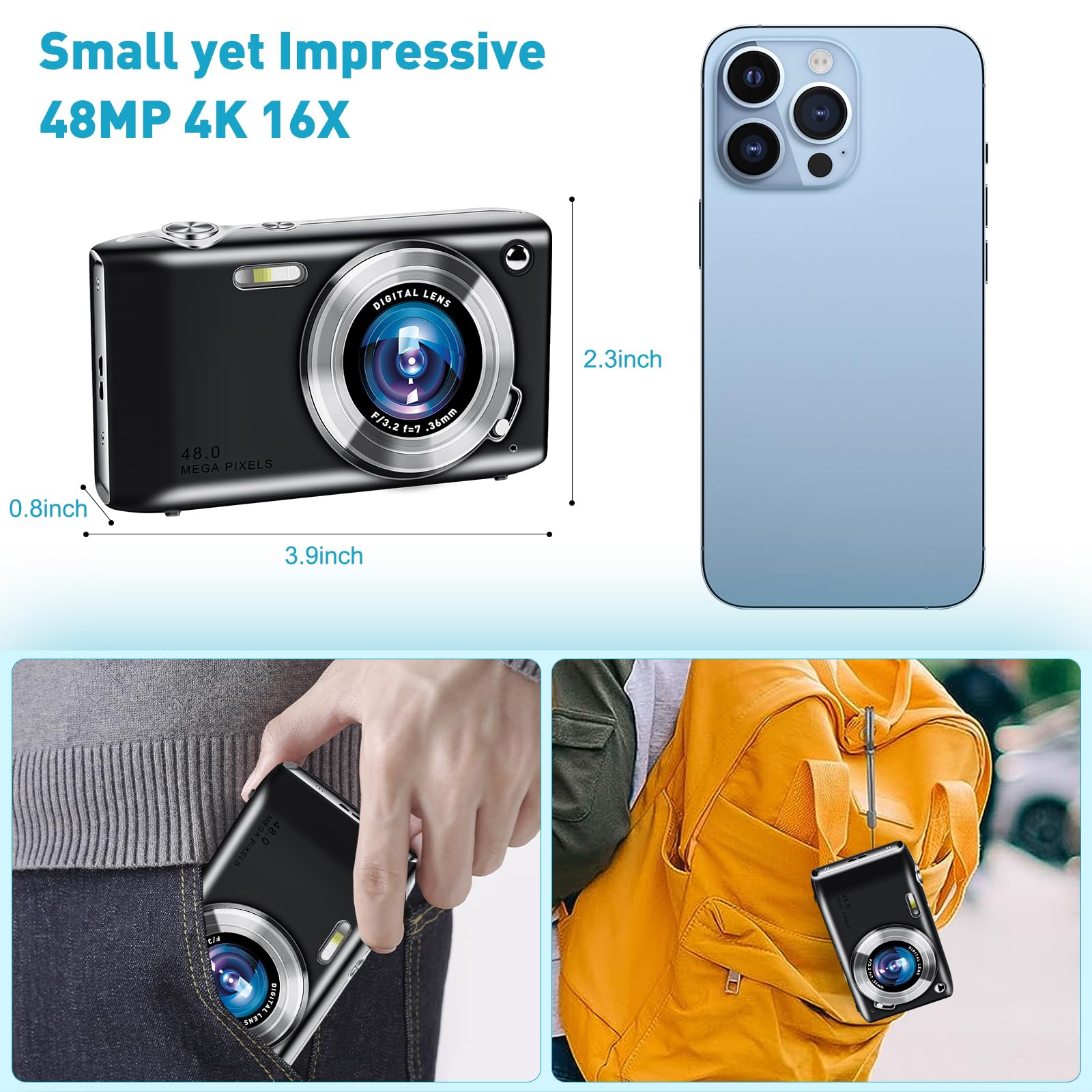 4K Digital Point and Shoot Camera, 48MP Digital Camera for Photography with 2.88'' IPS Screen & Flash, 16X Zoom Macro Focus Compact Vlogging Camera Anti Shake for Travel, Beginner Video Camera