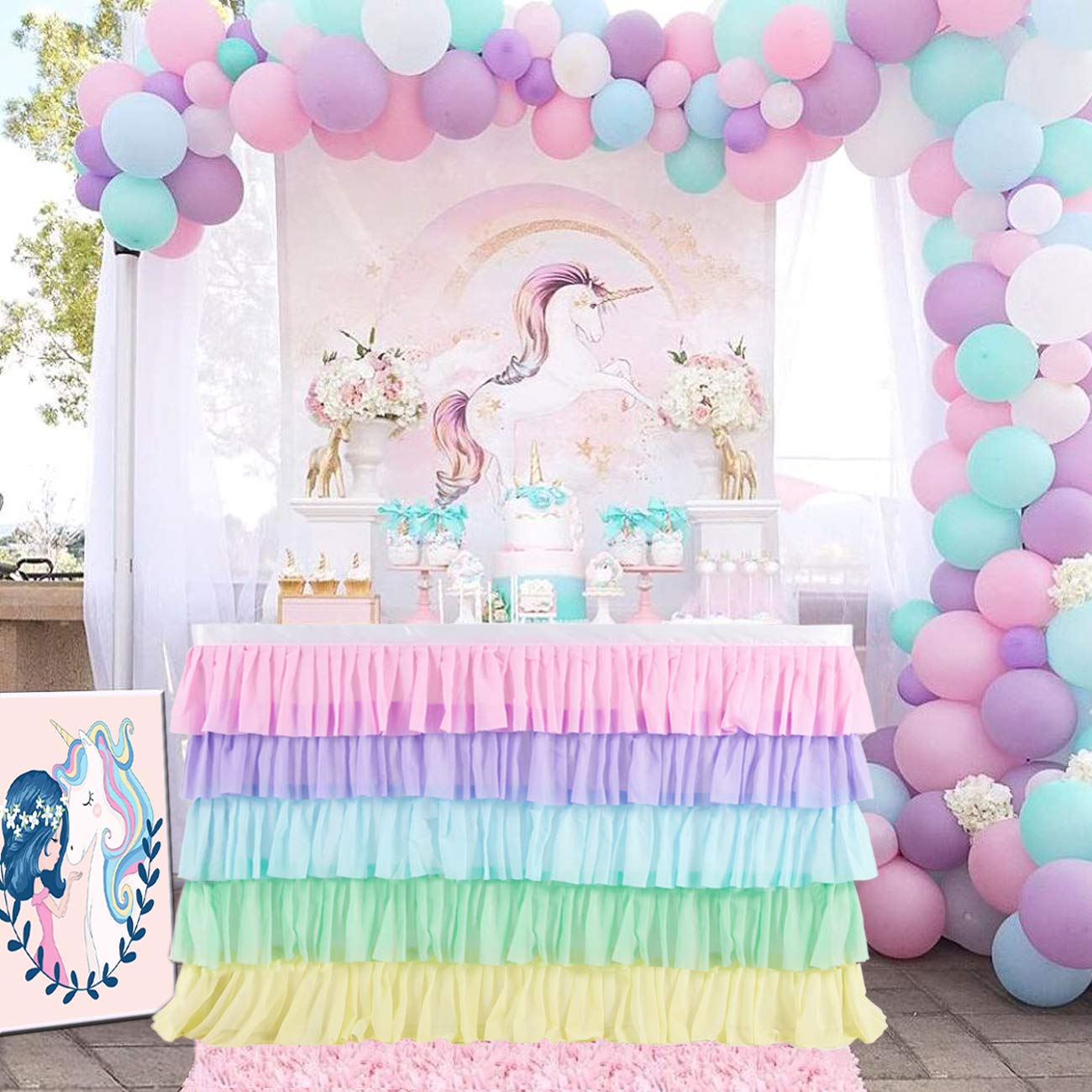 6FT Rainbow Table Skirt for Rectangle or Round Table Chiffon Tulle Table Skirting for Party Baby Shower Wedding Birthday Decor