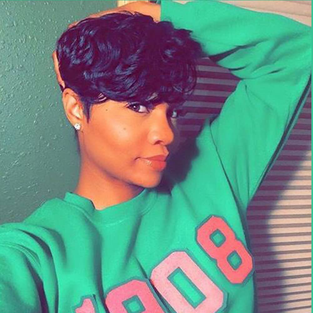 Flandi Short Pixie Cut Wigs for Black Women Natual Black Curly Pixie Wigs with Bangs Short Wigs Human Hair Wigs Short Curly Layered Pixie Wig for Women (Short Pixie Wavy 1B#)