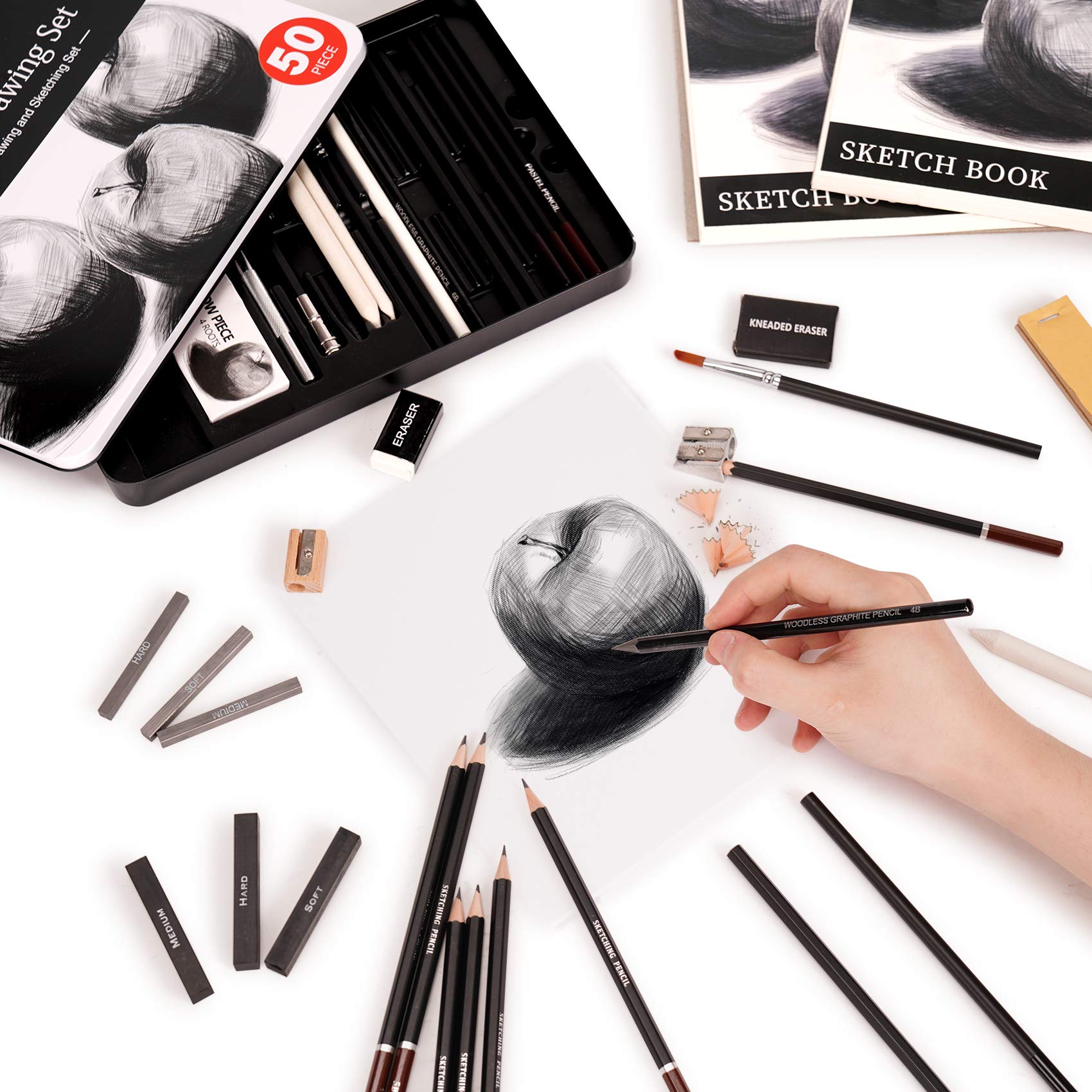 52-Piece Drawing Set with Pencils, Charcoals, Pastels - Includes 2 Drawing Pads, Sharpener, Art Supplies in Tin Box
