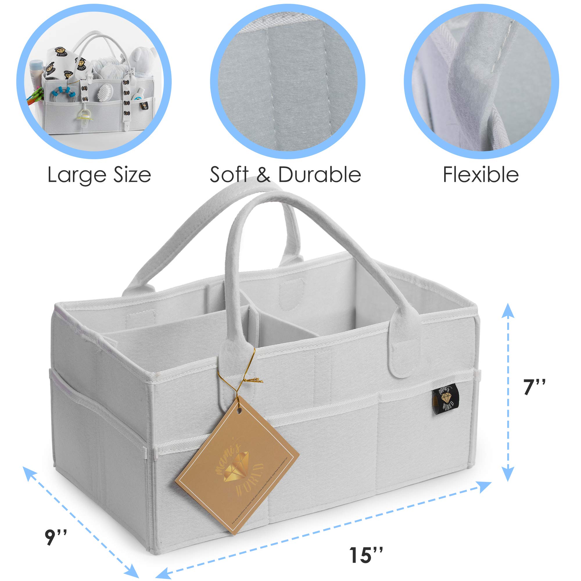 Mami's World: Baby Diaper Caddy Organizer; Portable Bag Holder for car & Changing Table; Essential Storage Bins for Nurseries with Gifts- 2 Pacifier Clips & 2 Bibs