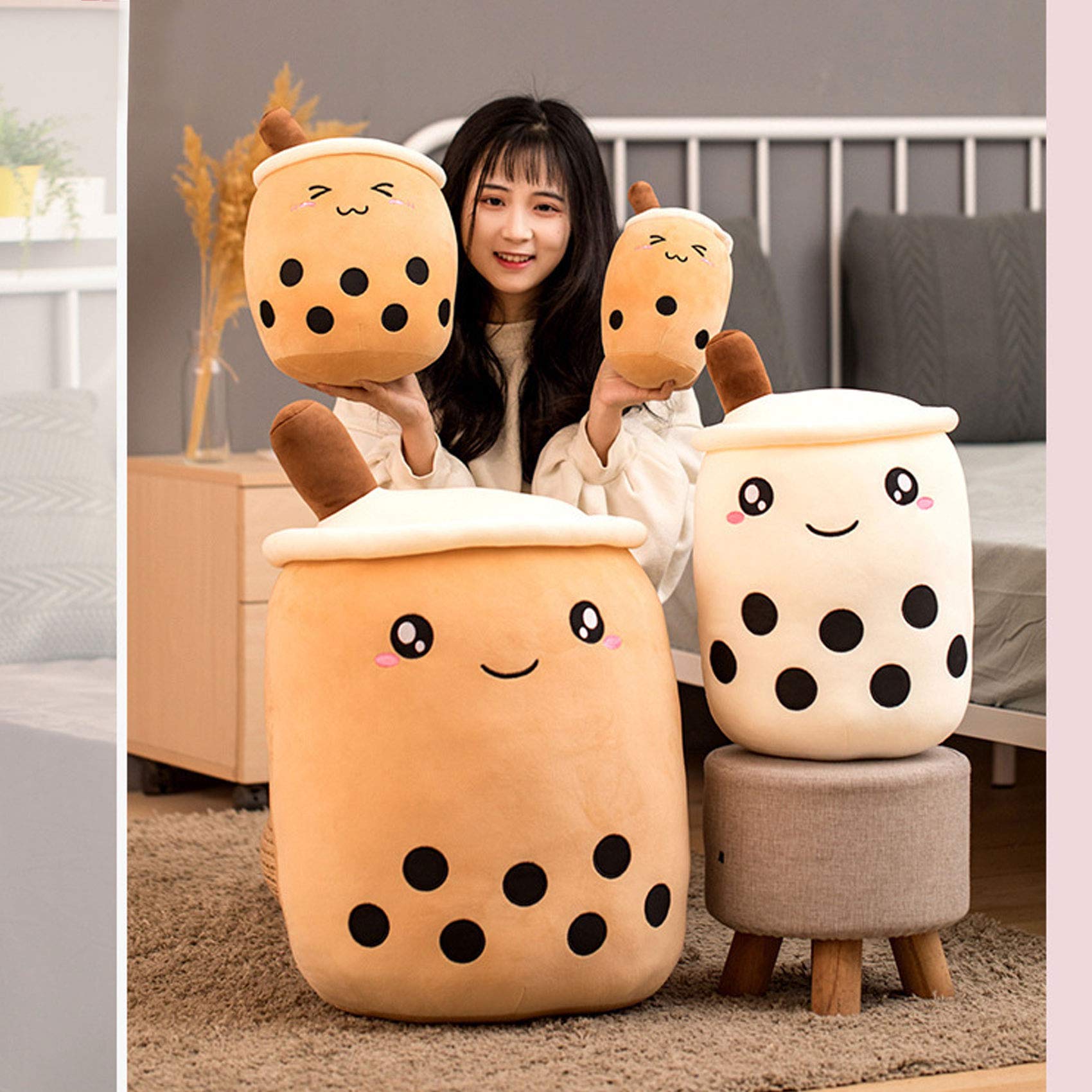 Cartoon Tea Plush Pillow,Plush Boba Figurine Toy,24/35 cm Cute Bubble Tea Cup Shaped Pillow with Suction Tubes (Pink, Large)