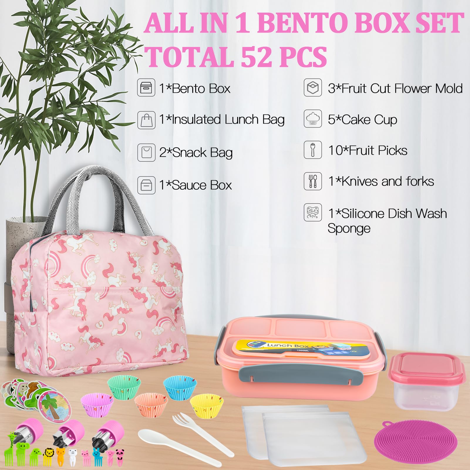 52Pcs Bento Box Lunch Box Kit, 1300ML Lunch Container for Kids/Adults/School, Durable Leak-proof Box 4 Compartments with Lunch Bag,Spoon,Fork,Accessories,for Dishwasher Refrigerator Microwave(Pink)
