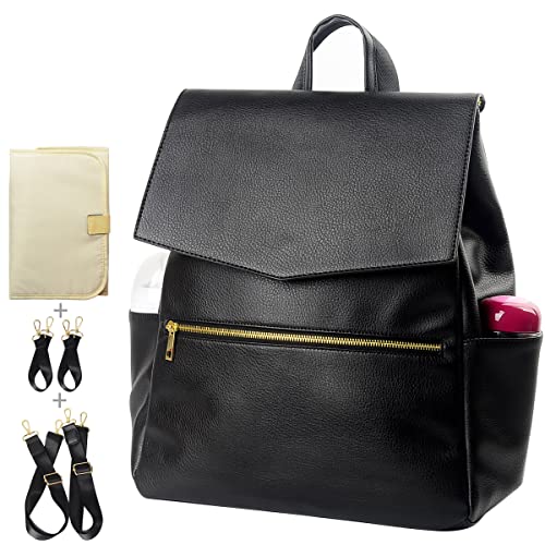 KZNI Leather Diaper Bag Backpack, Diaper Backpack Nappy Baby Bags for Mom Unisex Maternity Diaper Bag with Stroller Hanger|Thermal Pockets|Adjustable Shoulder Straps|Water Proof| LargeCapacity(Black)