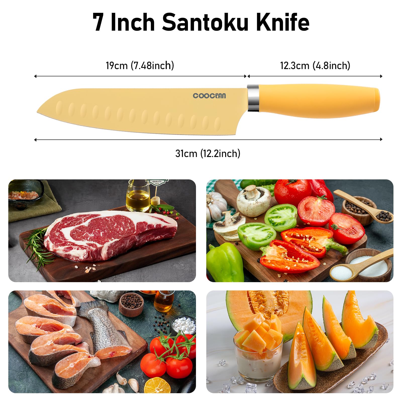 COOCLAN Santoku Knife 7 Inch with Sheath Ultra Sharp High Carbon Stainless Steel Santoku Knife Chefs Knife with Non-stick Coating Kitchen Chef Knife with Ergonomic Non-slip Hand Ideal Gift