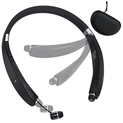 Bluetooth Headphones, Neckband Wireless Bluetooth Headset with Retractable Earbuds and Carrying Case, Foldable Noise Cancelling Earphones with Mic for Workout, Sweatproof & Lightweight (Black)