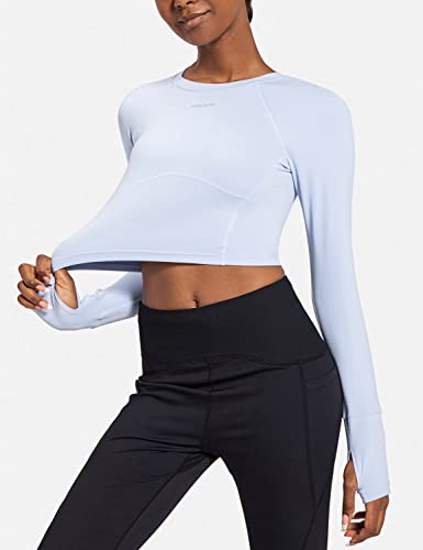 BALEAF Women's Workout Top Long Sleeve Crop Top Athletic Cropped Pullover for Running Gym Yoga Blue M