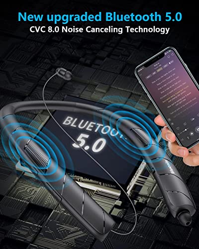 Bluetooth Headphones Speaker 2 in 1,Wireless Neckband Headphones Retractable Earbuds with Built-in TF Memory Card,3D Stereo Sound Wearable Speaker Personal Sports Headset Built in Mic (Black 2023)