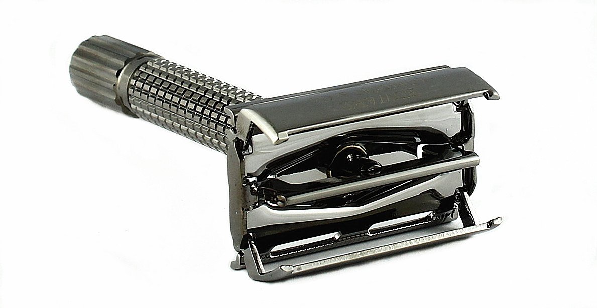 Edward London & Co Pearl Black Heavy Long Handle Double Edge Butterfly Open Safety Razor