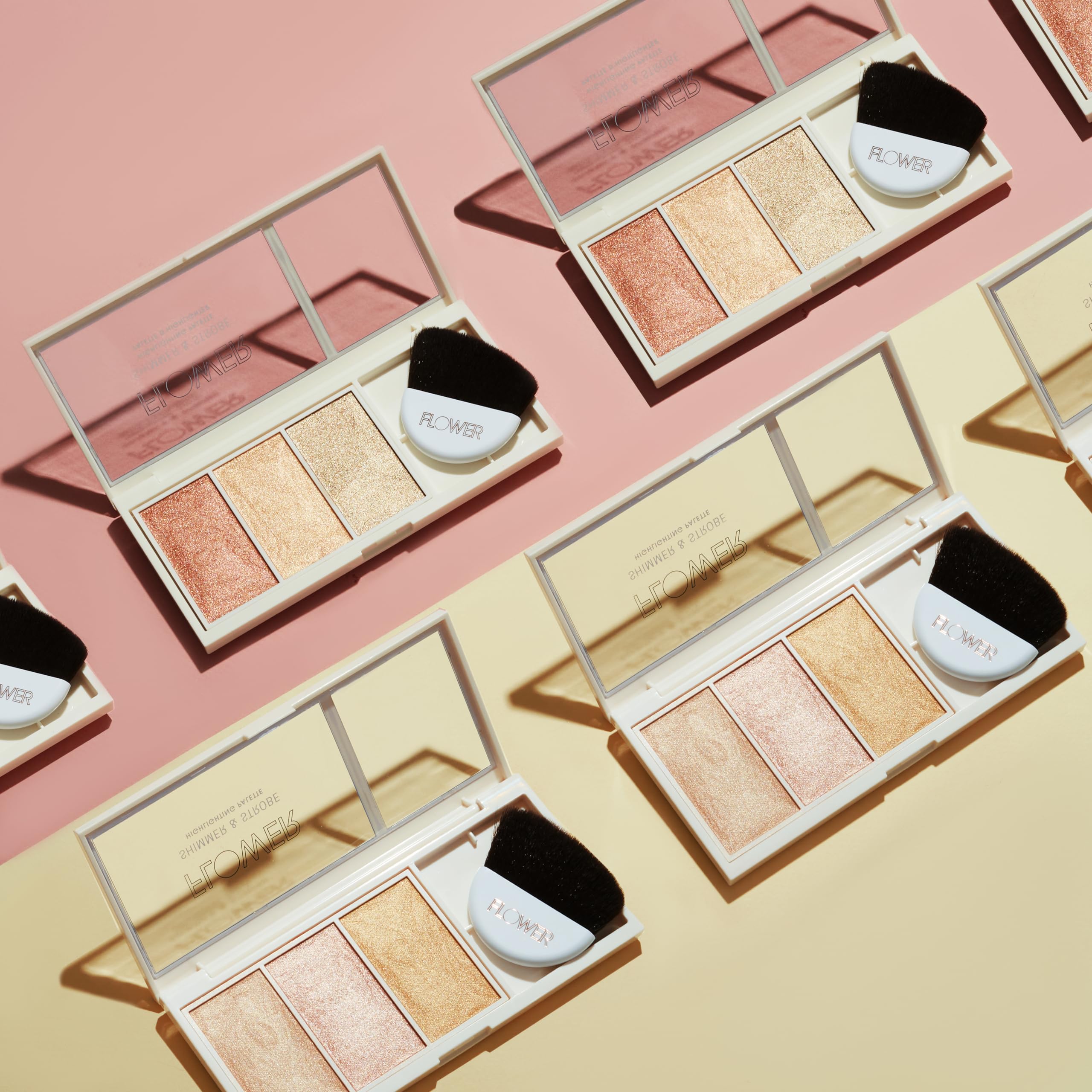 FLOWER Beauty By Drew Barrymore Shimmer + Strobe Highlighting Palette - Glowing Bronzer Powder Kit For Face + Blendable Coverage - Skintones + 3 Enhancing Colors (Strobe Brush) Included - Champagne Shimmer