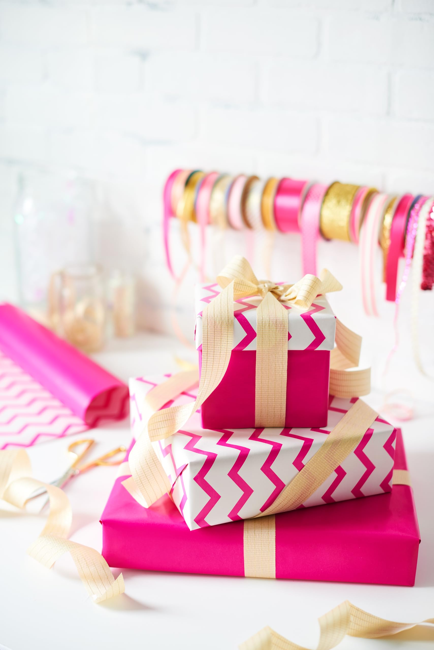 American Greetings Reversible Wrapping Paper Jumbo Roll for Graduation, Birthdays and All Occasions, Pink and Chevron (1 Roll, 175 sq. ft.)
